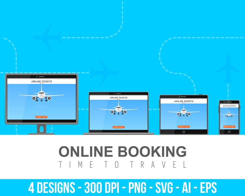 Online Flight Booking on Screen Clipart Set. Digital Images or Vector ...