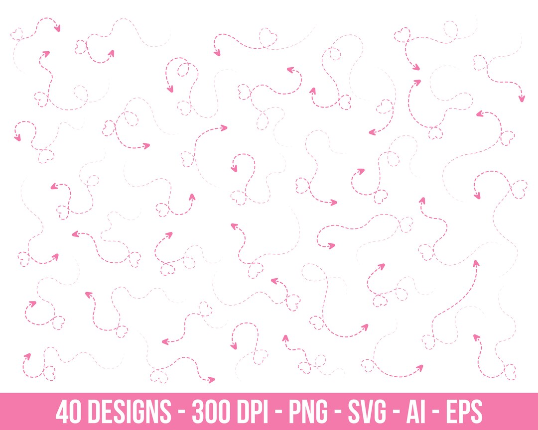 Dotted Hand Drawn Arrow Lines With Heart Clipart Set. Digital Images or ...