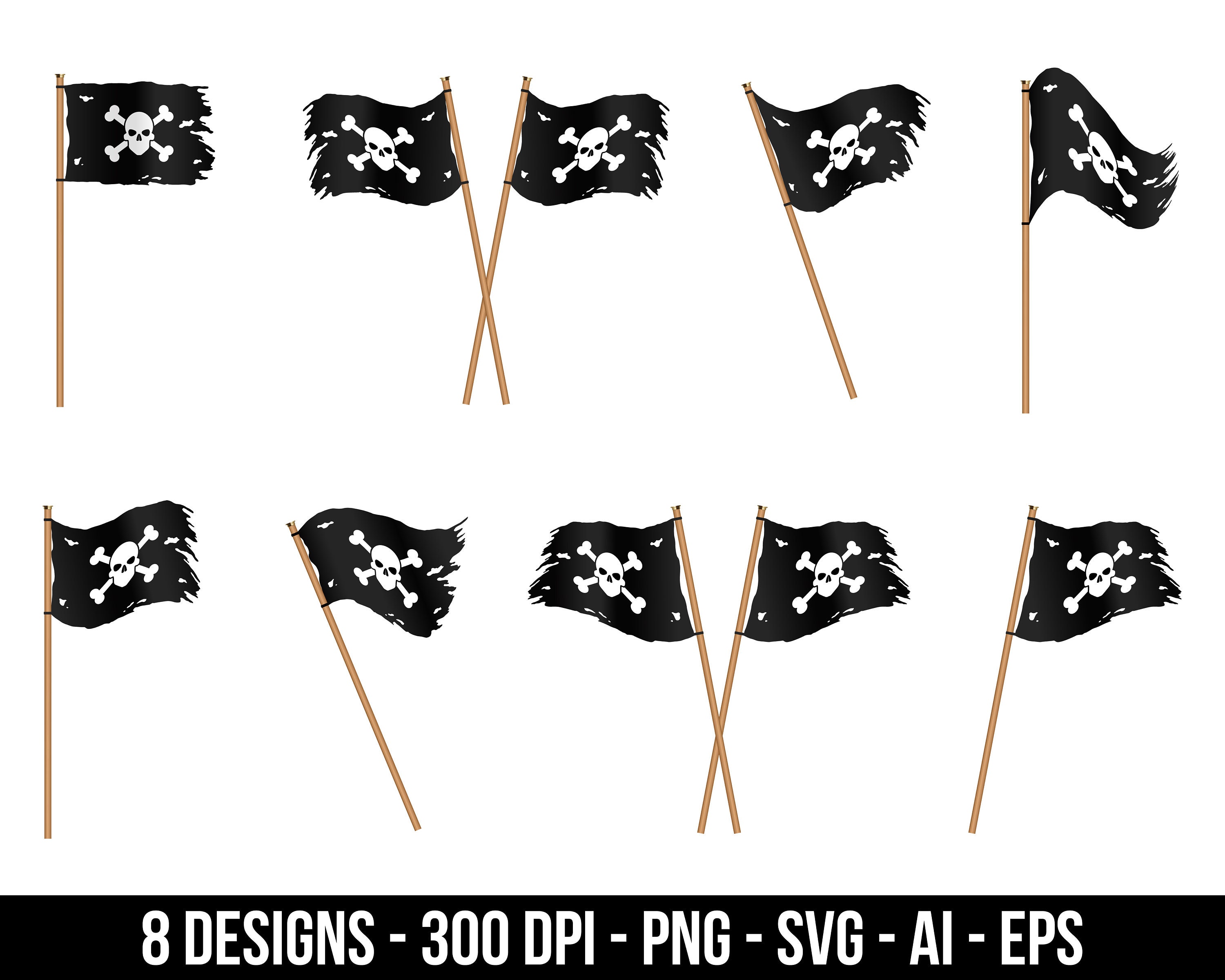 Ragged Black Pirates Flag With Bones and Skull Clipart Set. - Etsy