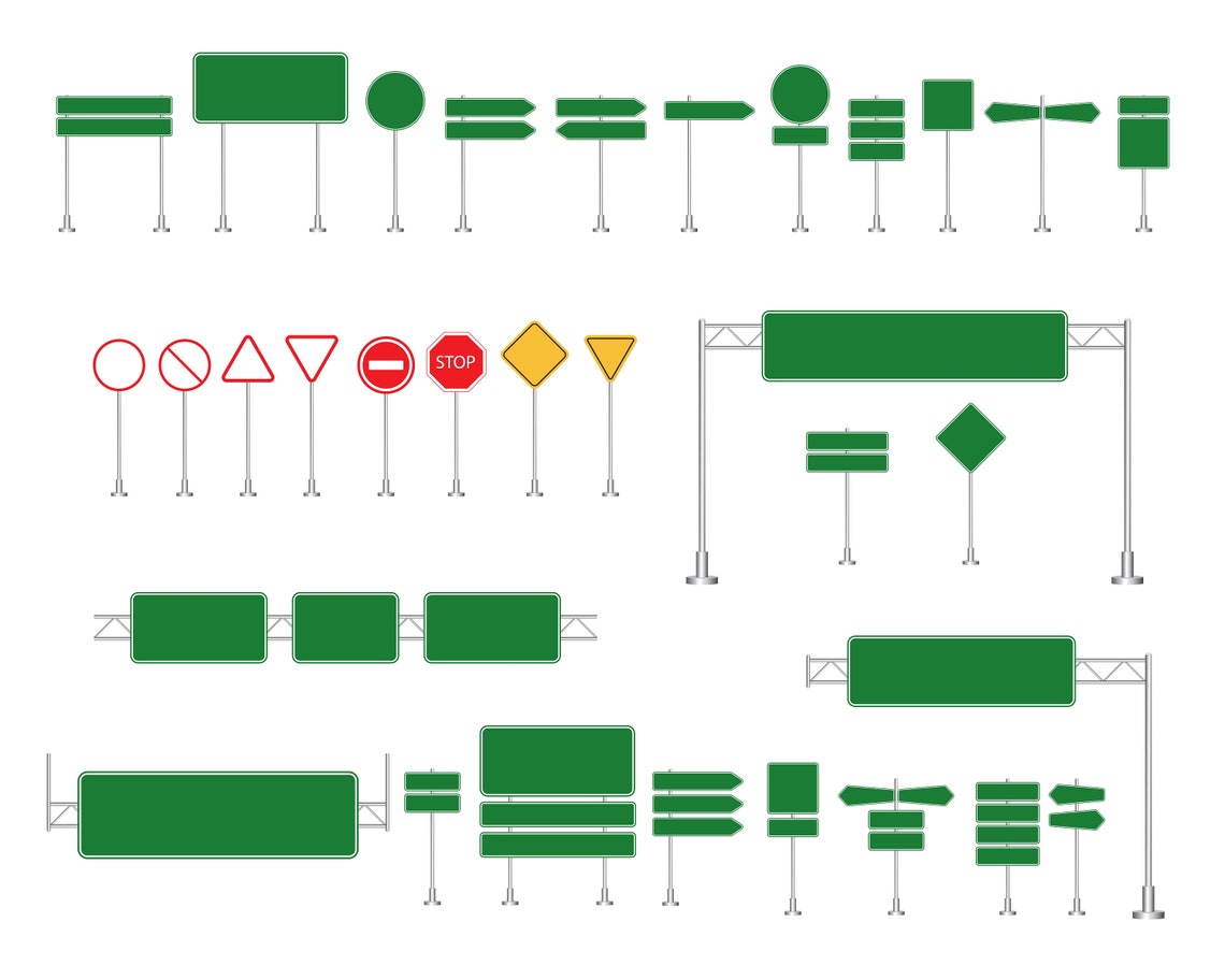 Road Green Traffic Signs Clipart Set Vector Graphics | Etsy