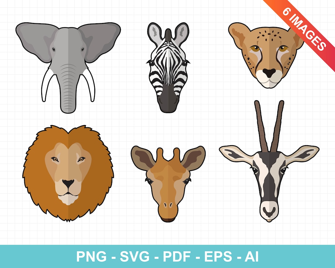 Heads of Wild Animals Clipart. Elephant, Zebra,tiger, Lion, Deer ...
