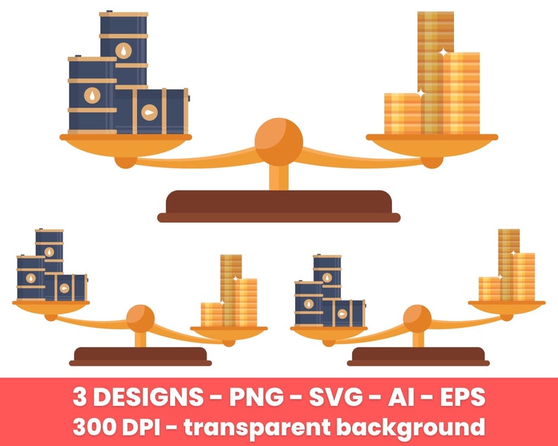 Balance Scale With Gold Coins and Oil Barrels Clipart Set. Digital ...