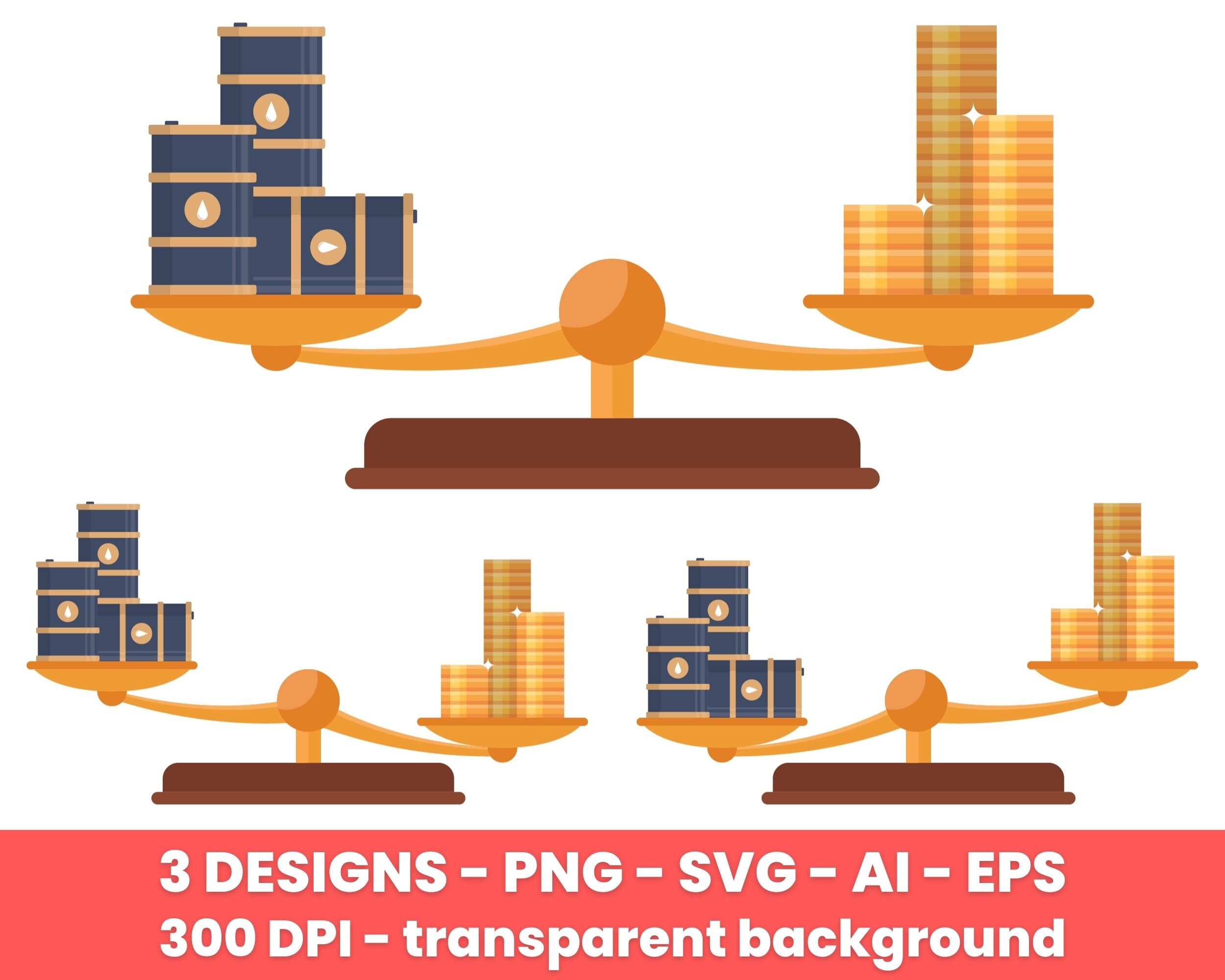 Balance Scale With Gold Coins and Oil Barrels Clipart Set. Digital ...