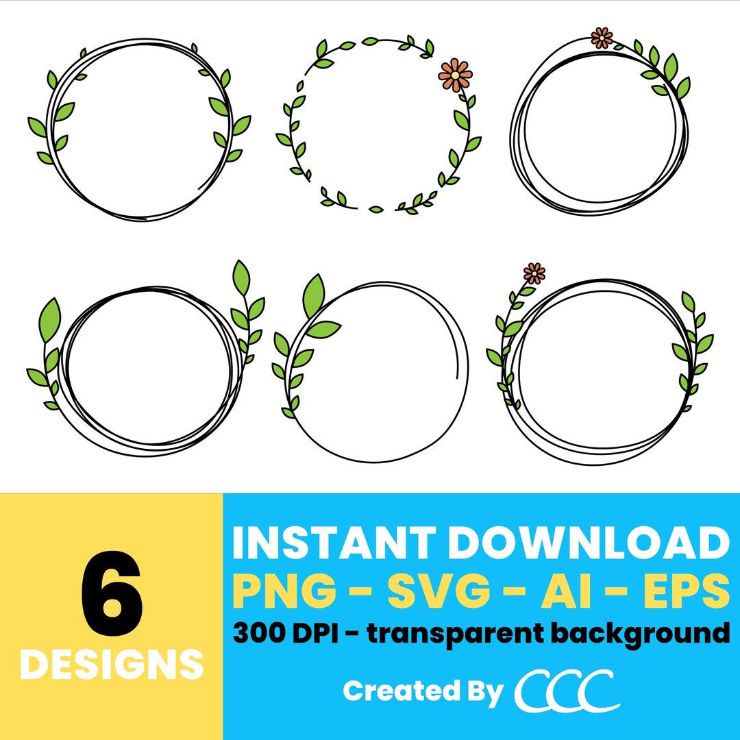 Floral Circle Frames Clipart – Hand-drawn Leaf Wreaths, Digital Designs ...