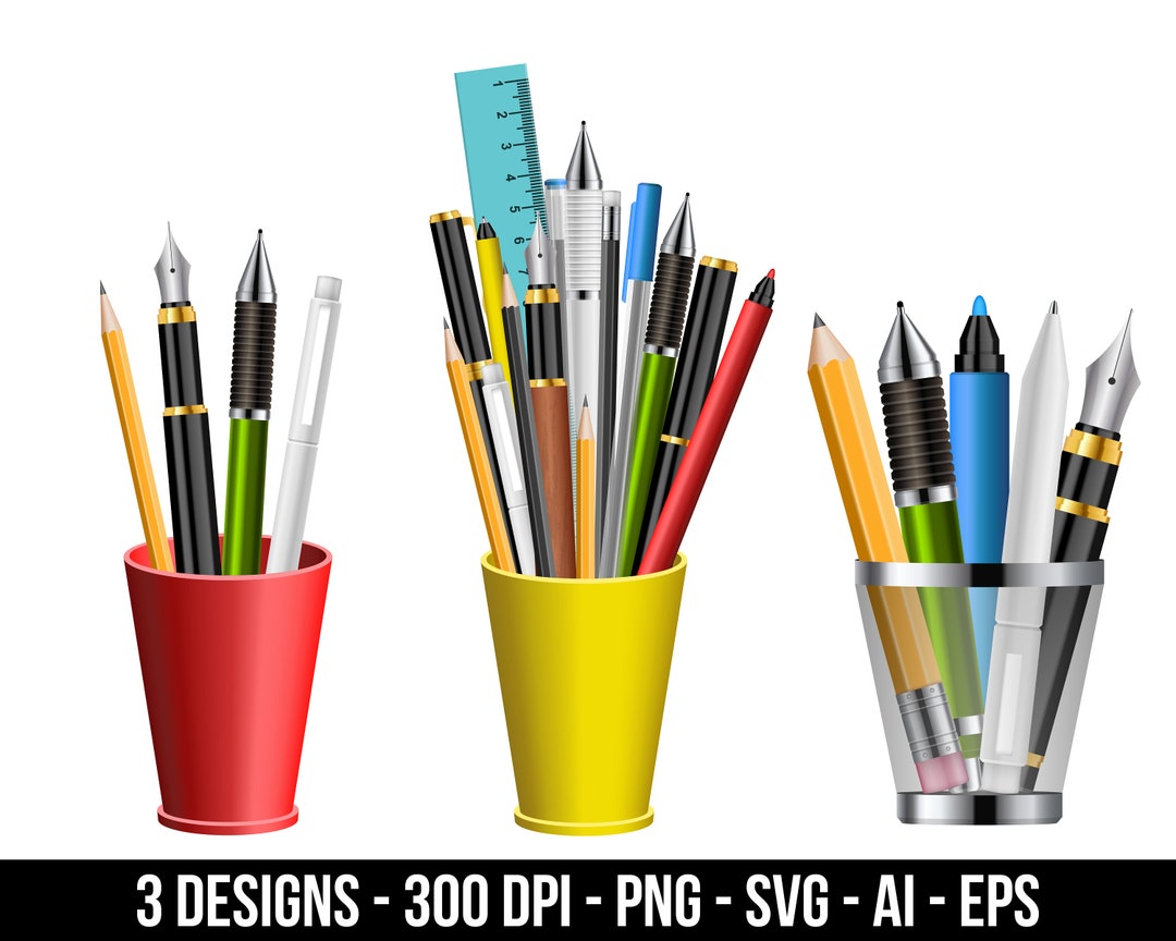 Realistic Pens and Pencils in Plastic Glass Clipart Set. Digital Images ...