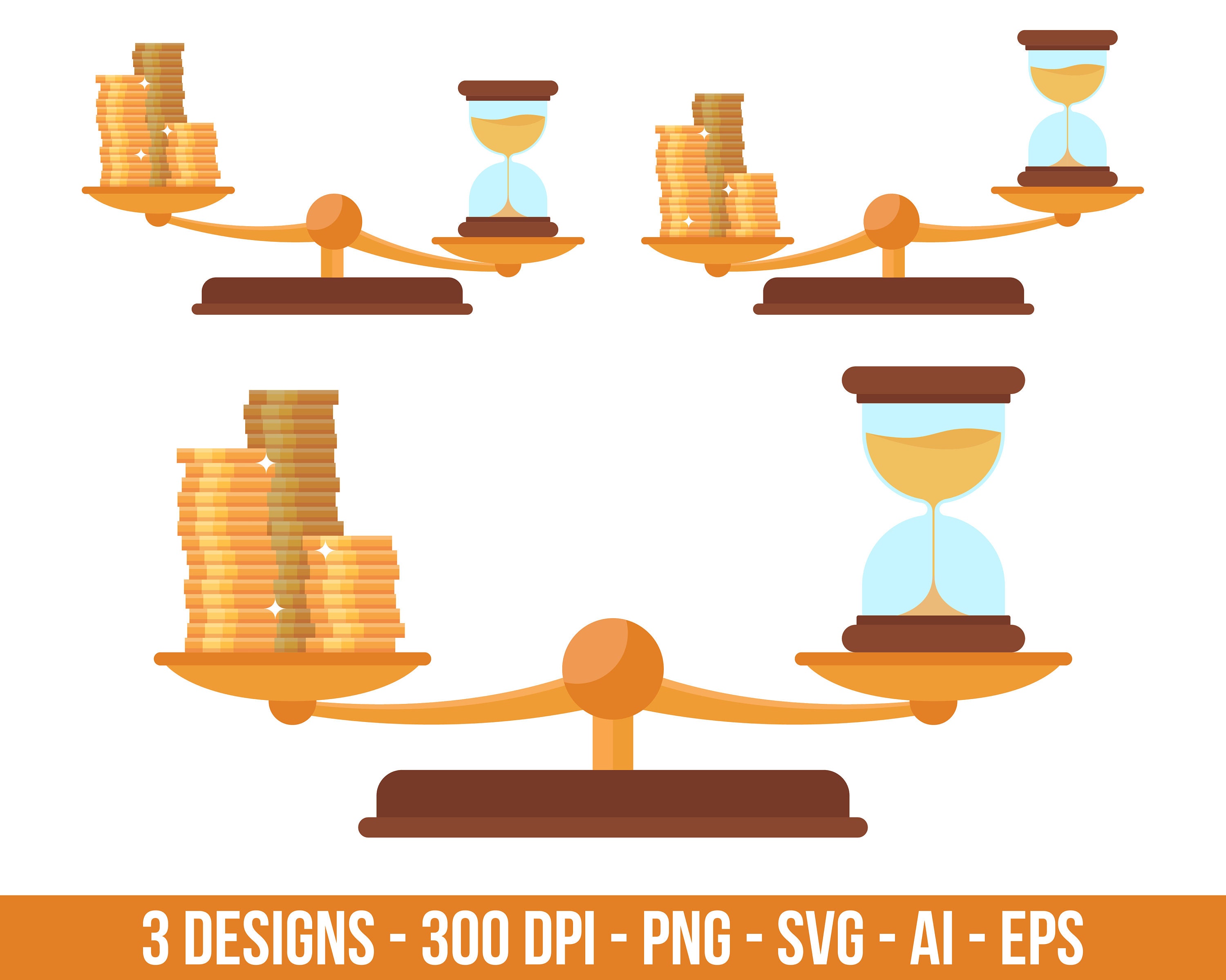 Balance Scale With Gold Coins and Hourglass Clipart Set. Digital Images ...