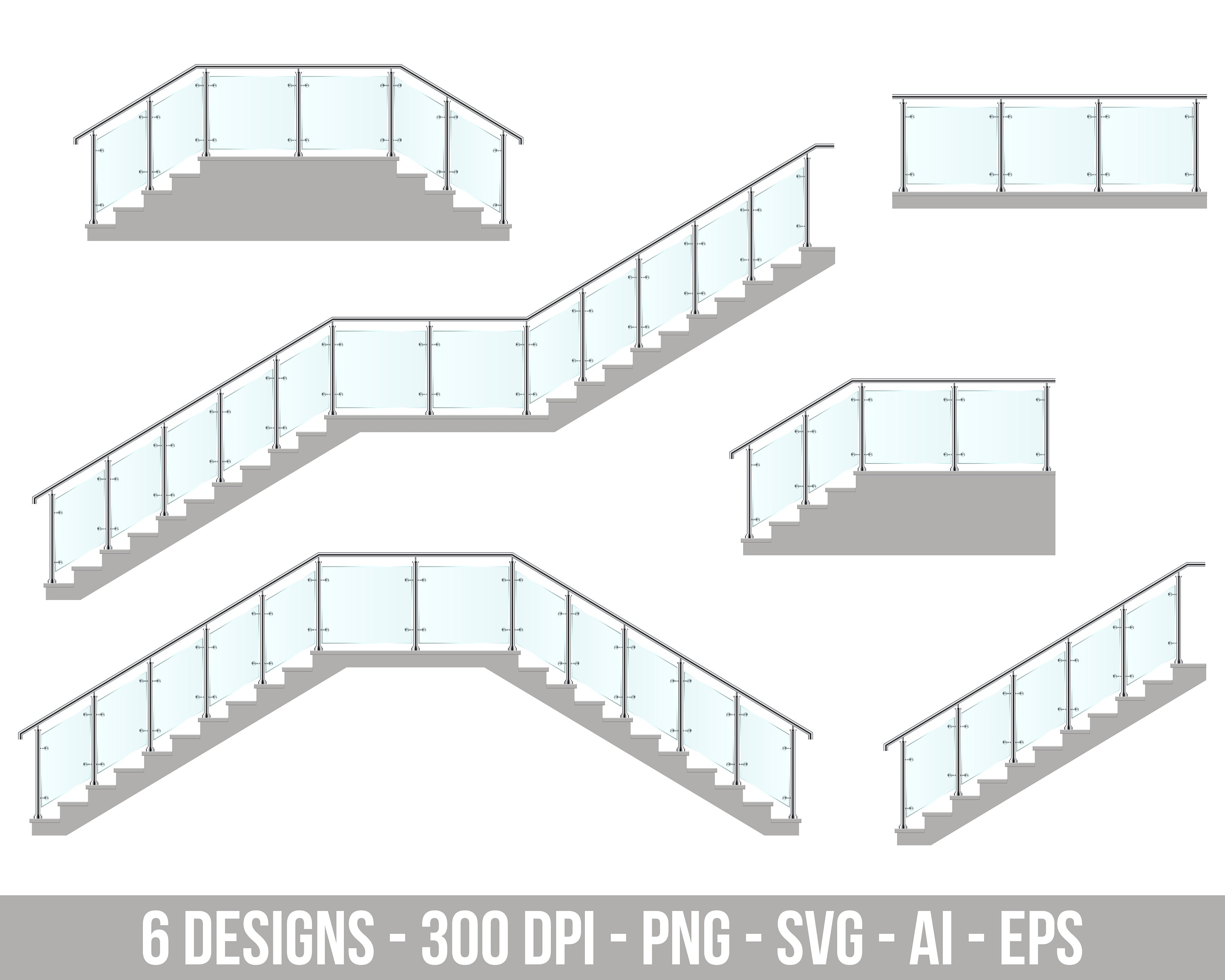 Stairs With Glass Railing Clipart Set. Digital Images or Vector ...