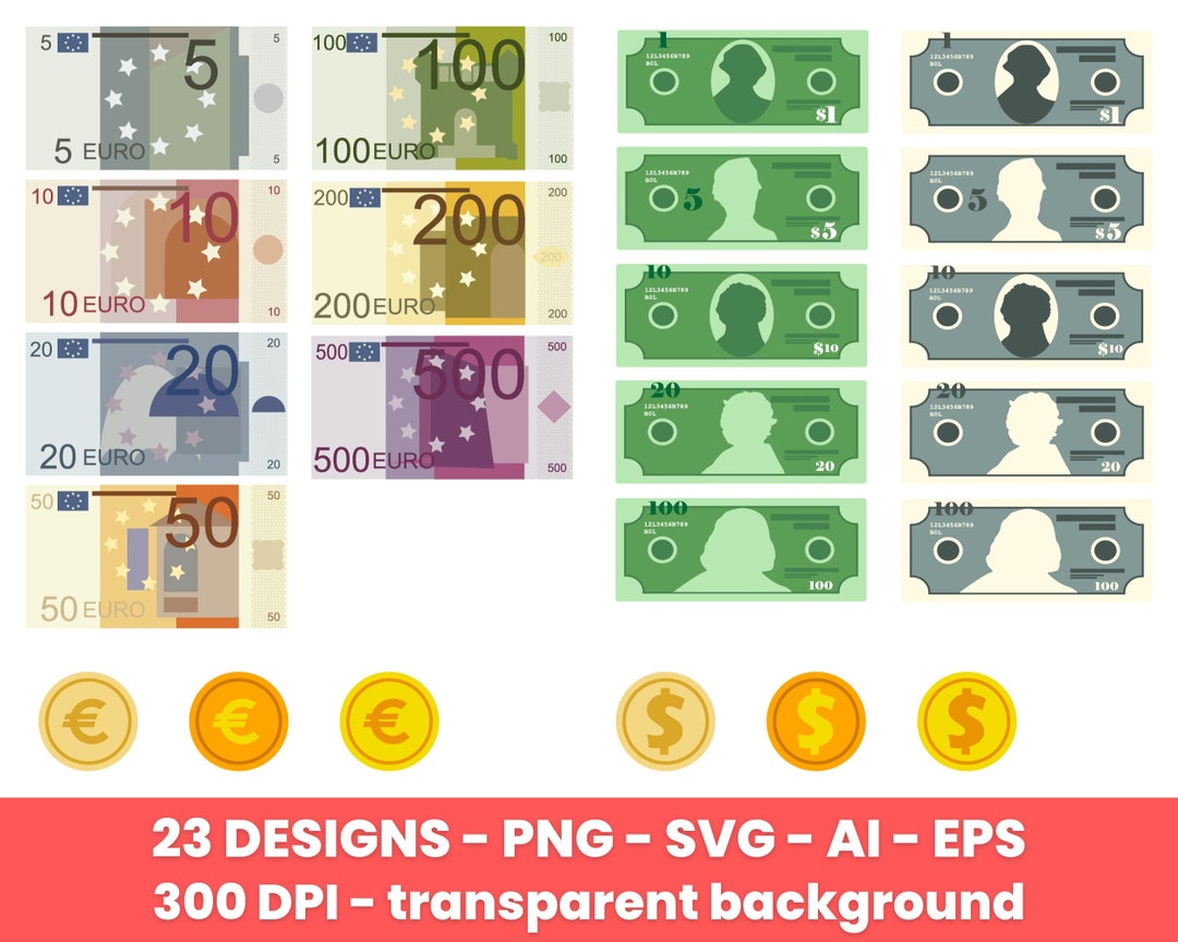 Euro and Dollar Currency Banknote and Coins Clipart Set. Digital Images ...