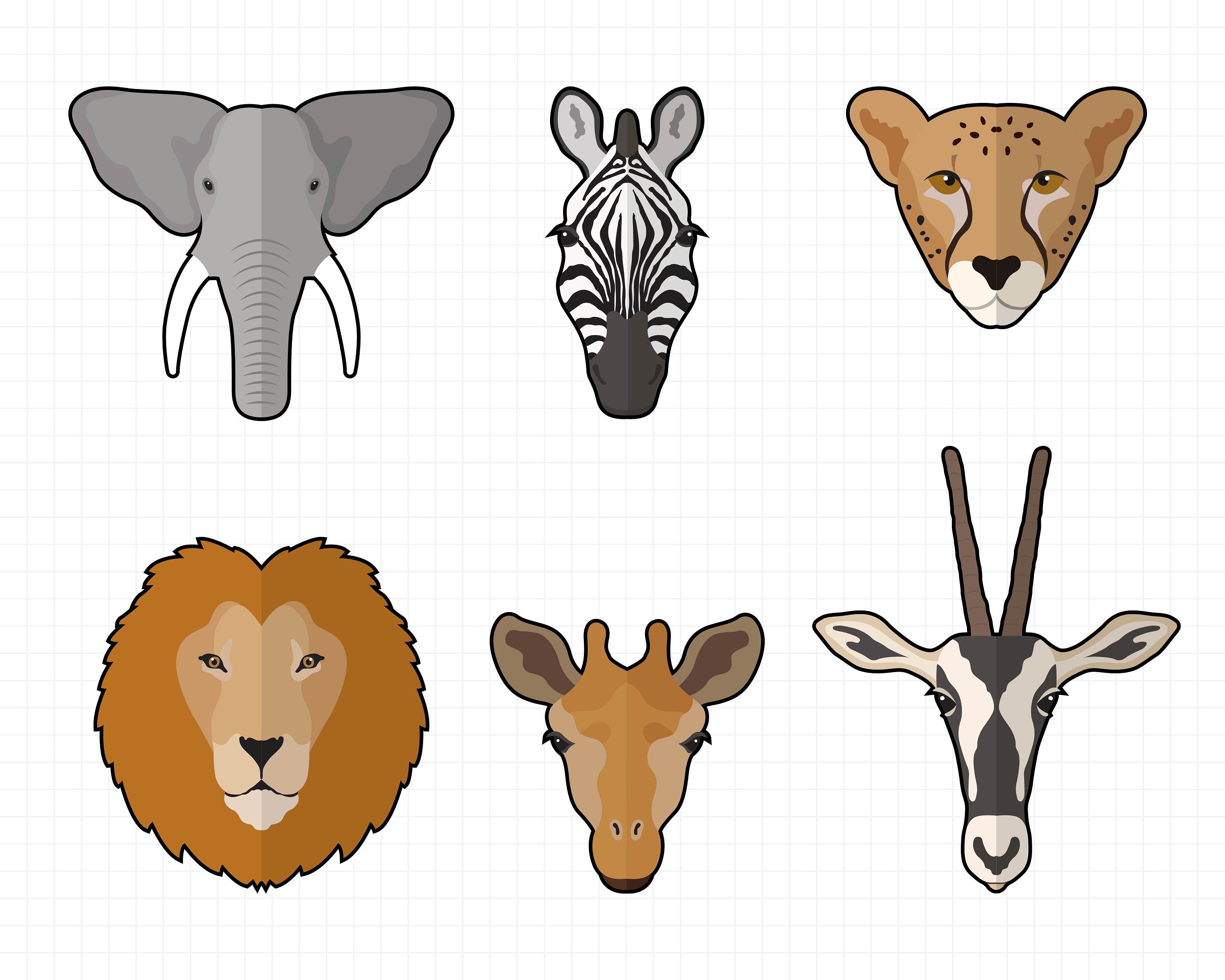 Heads of Wild Animals Clipart. Elephant, Zebra,tiger, Lion, Deer ...