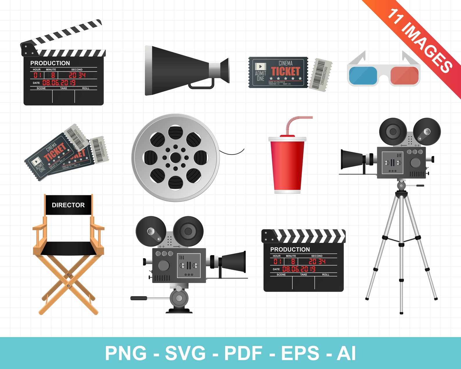 Cinema Objects Clipart. Clapper Board, Megaphone, Movie Tickets ...