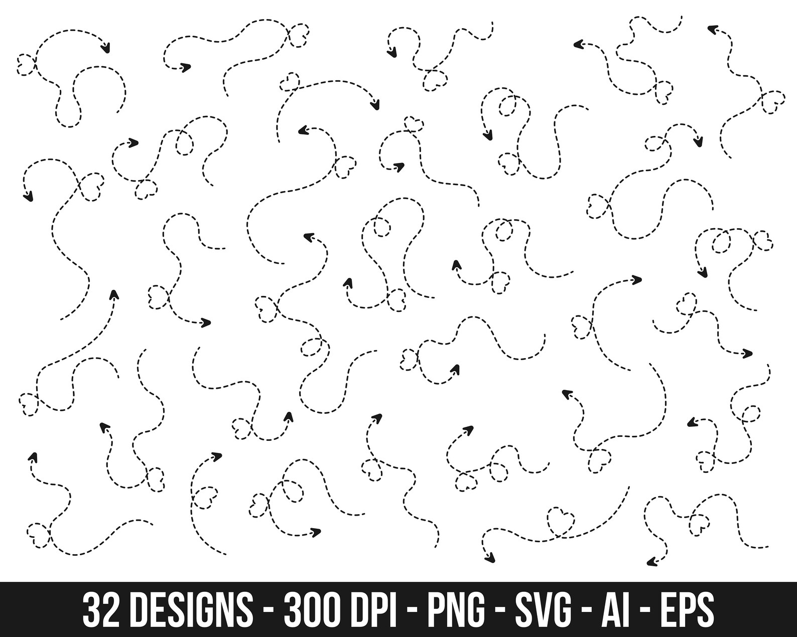 Dotted Hand Drawn Arrow Lines With Heart Clipart Set. Digital Images or ...
