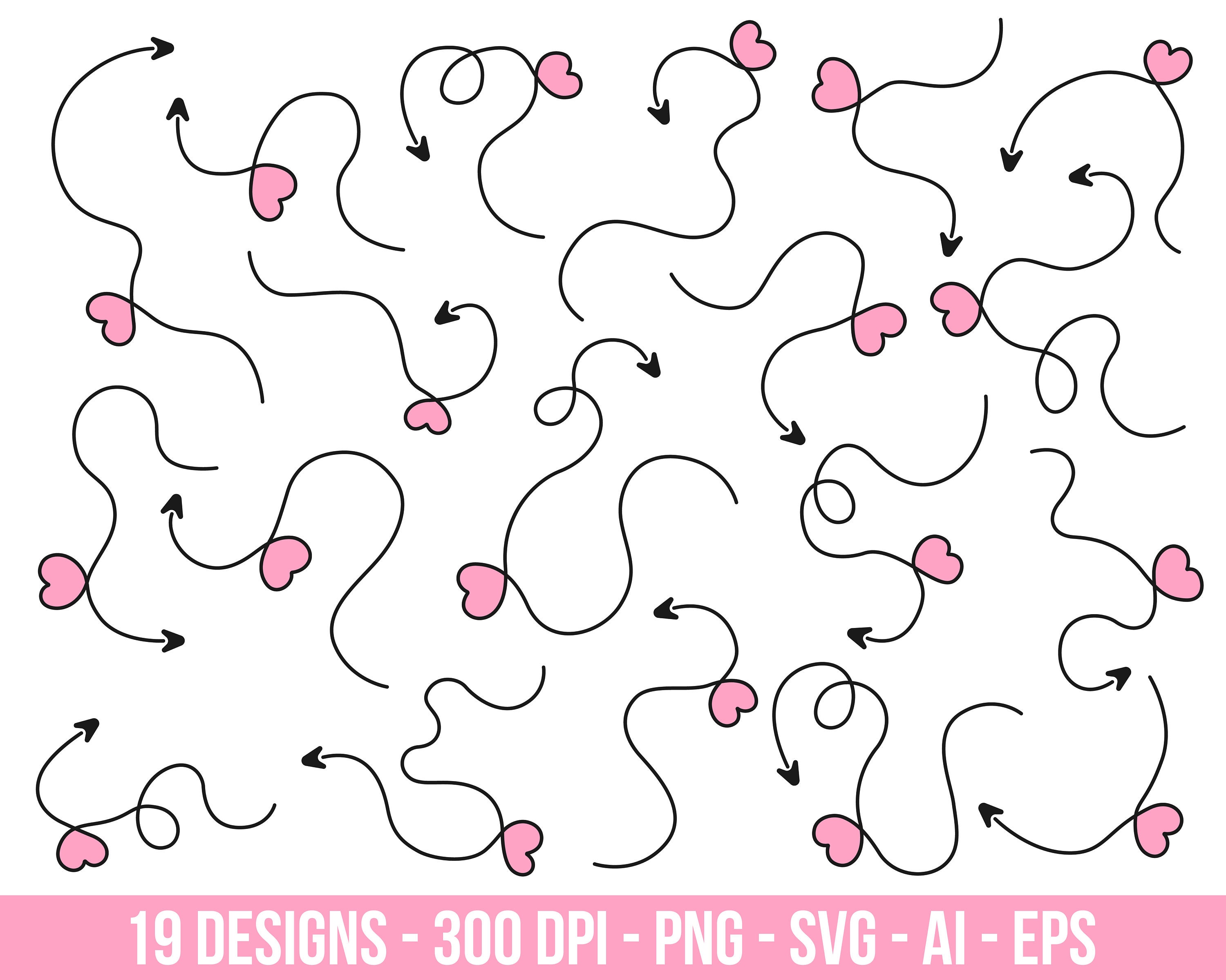 Hand Drawn Arrow Lines With Heart Clipart Set. Digital Images or Vector ...