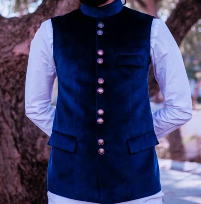 Antique Blue Velvet Nehru Vest Mens Nehru Collar Wedding Partywear ...