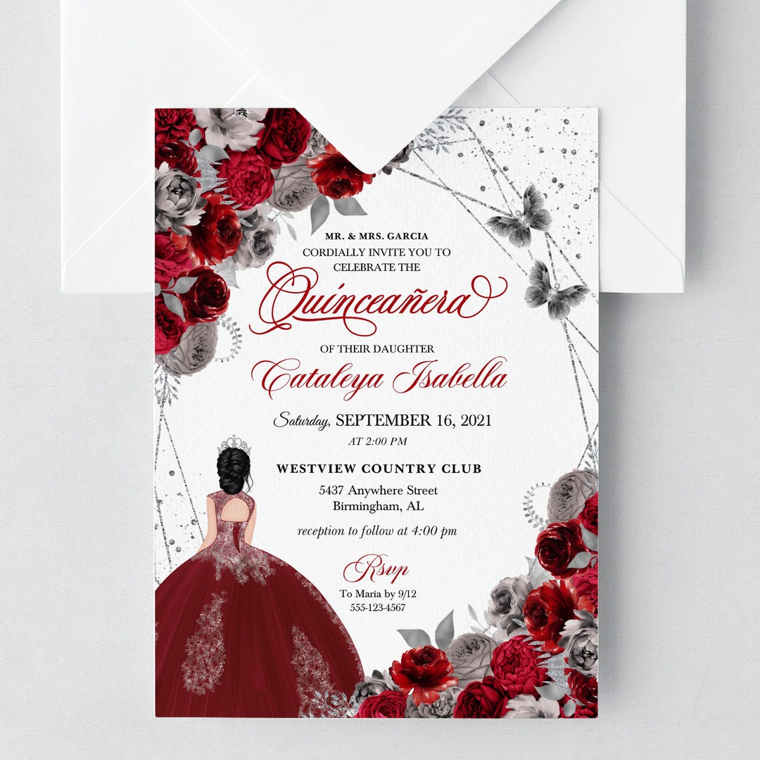 EDITABLE Invitation, Red & Silver Floral Quinceanera Invitation ...