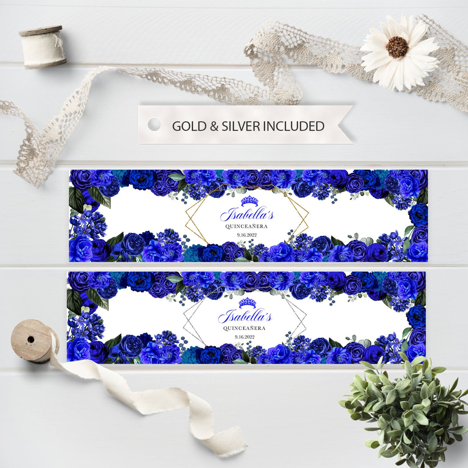 EDITABLE Labels Elegant Royal Blue Floral Quinceanera Water | Etsy