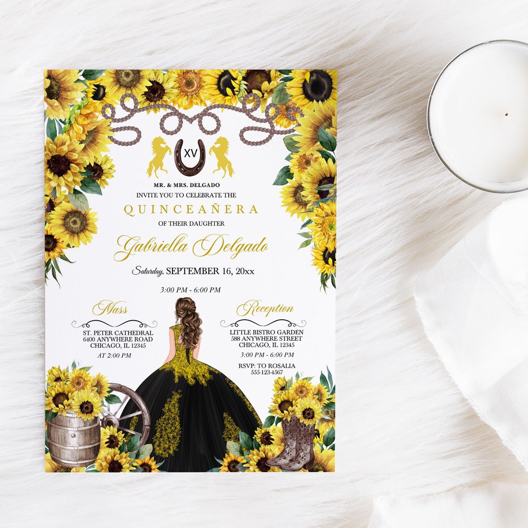 EDITABLE Invitation, Yellow Sunflowers Western Ranchero Quinceanera ...