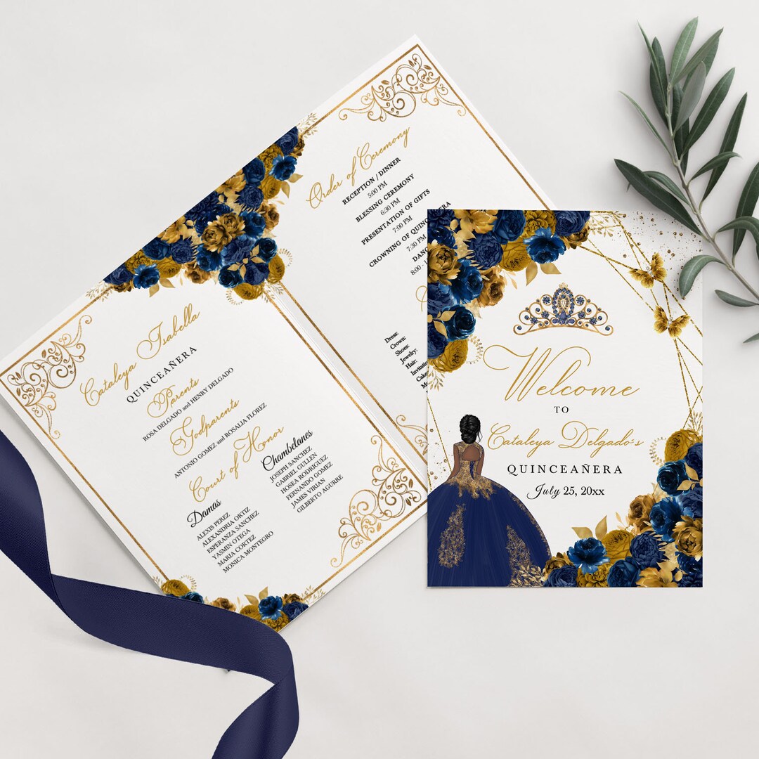 EDITABLE Program Template, Navy Blue & Gold Floral Quinceanera Program ...