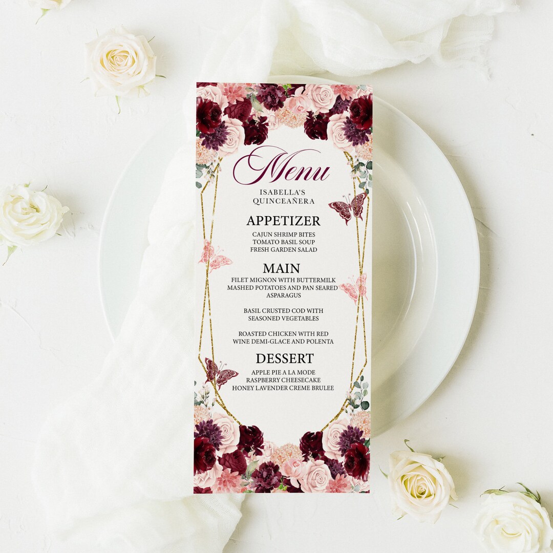 Burgundy Floral Quinceanera Menu Template: Elegant Printable (corjl ...