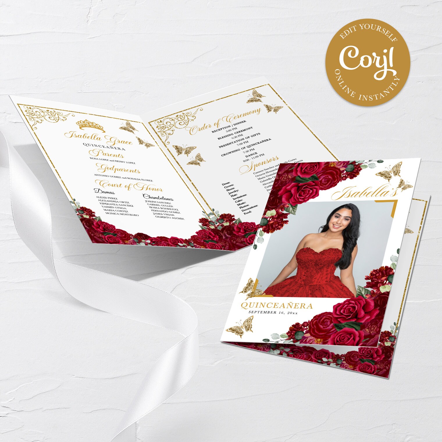 Red & Gold Floral Quinceanera Program Template (5x7 Bi-fold, Editable ...