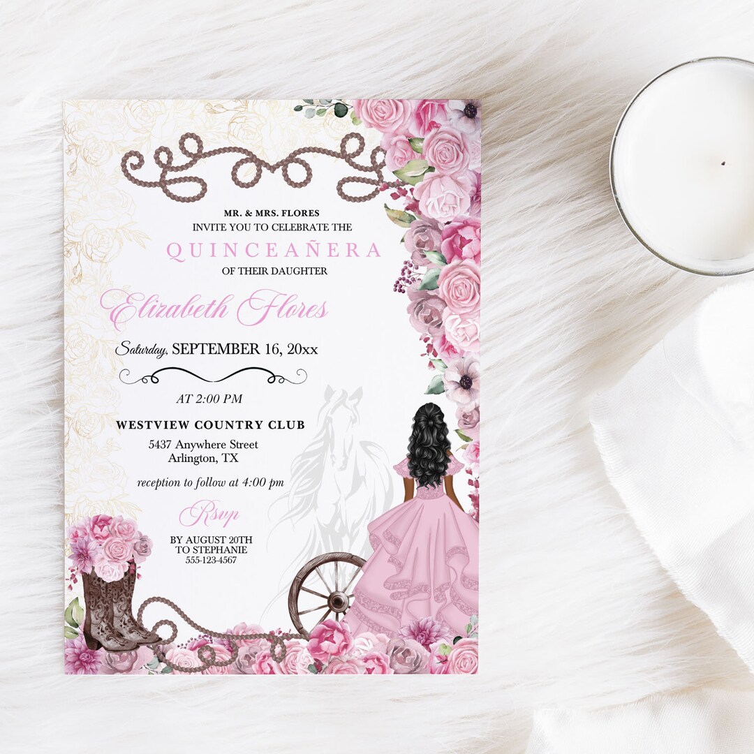 Pink Western Quinceanera Invitation: Cowboy Boots, Floral Fiesta ...