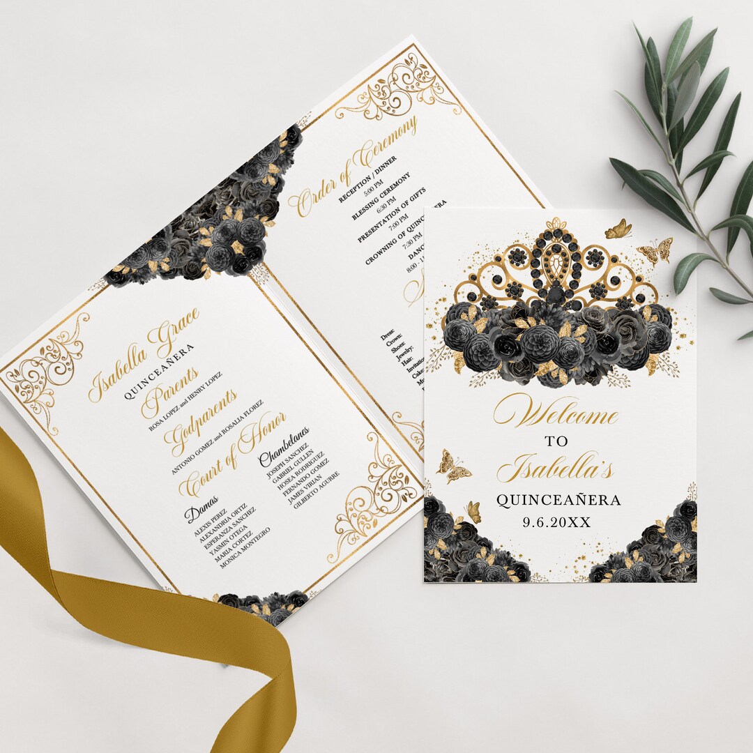 EDITABLE Program Template, Black & Gold Tiara Princess Quinceanera ...