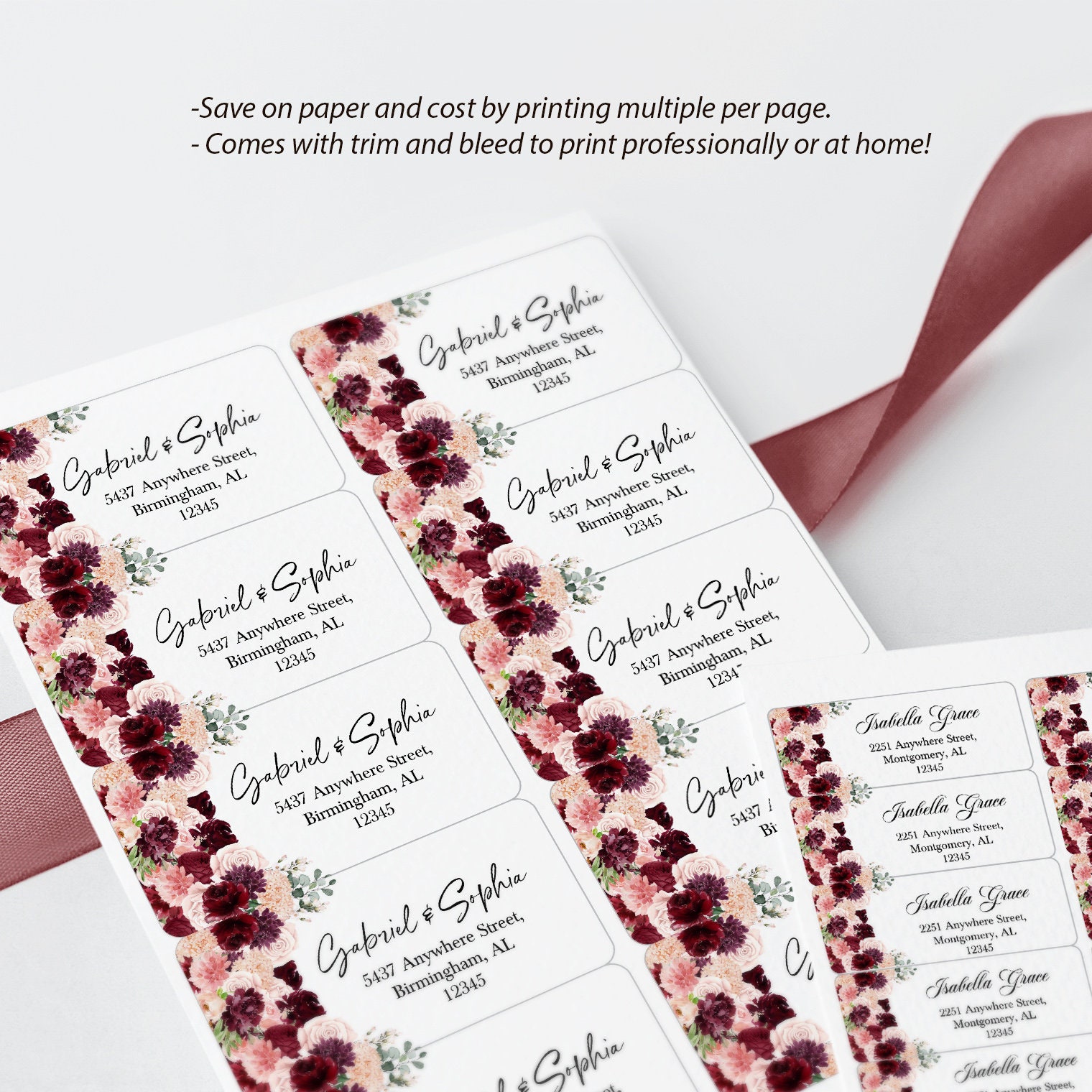 EDITABLE Address Label Elegant Burgundy & Pink Floral - Etsy