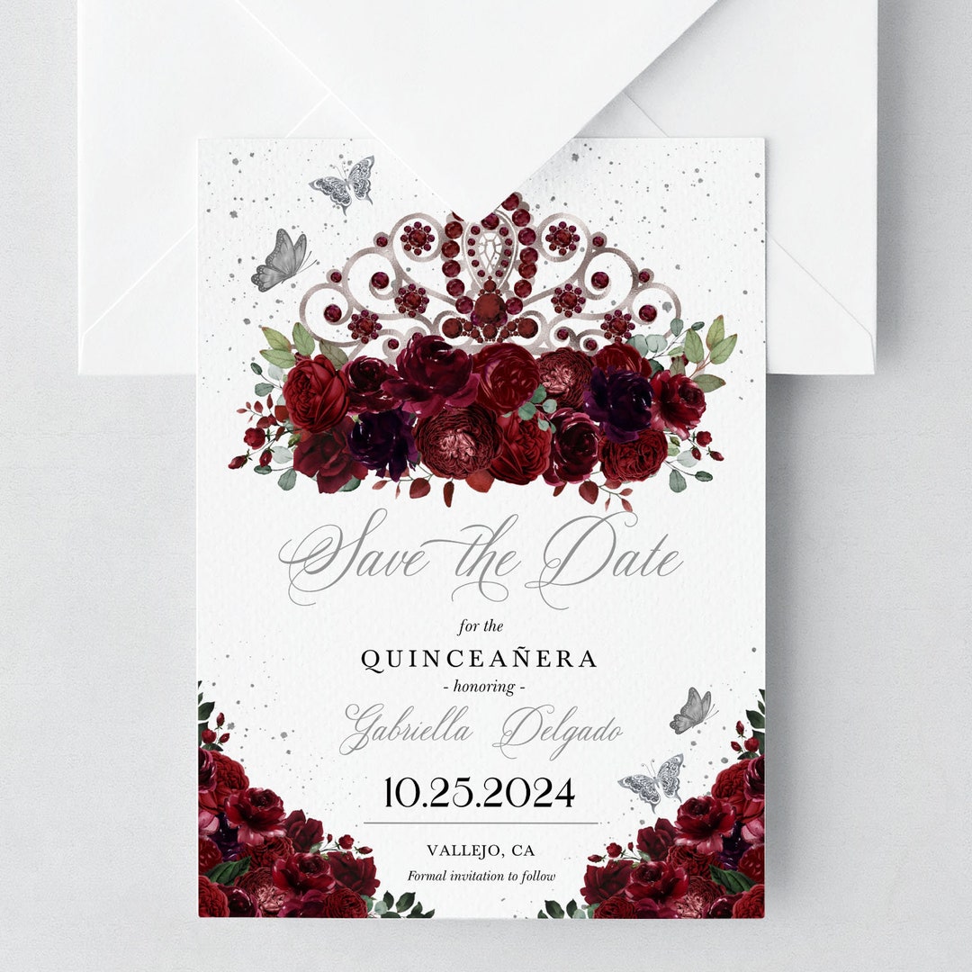 Burgundy Floral Quinceanera Save the Date Invitation (editable Template ...