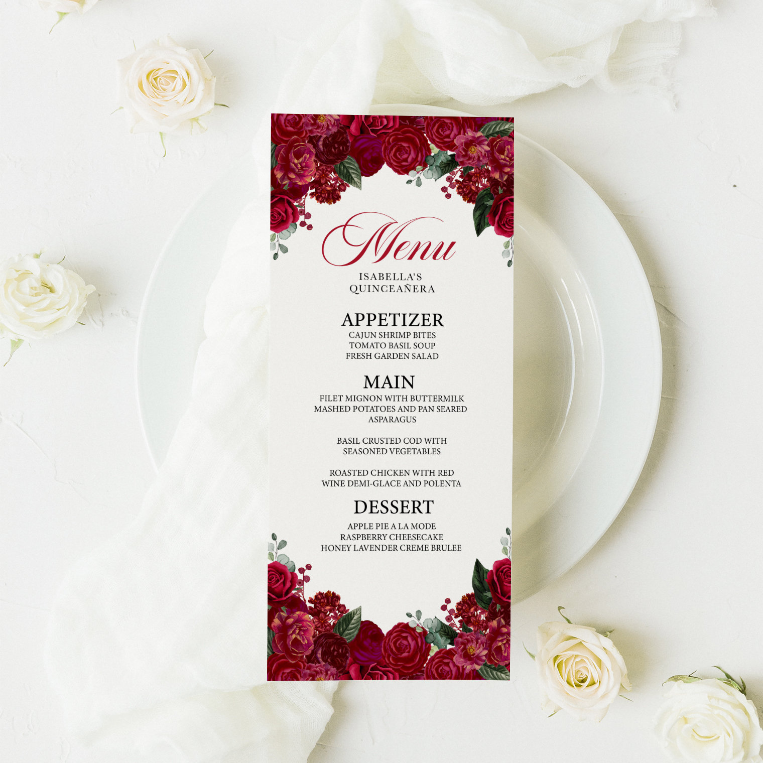 EDITABLE Menu Template Elegant Red Floral Quinceanera Menu - Etsy