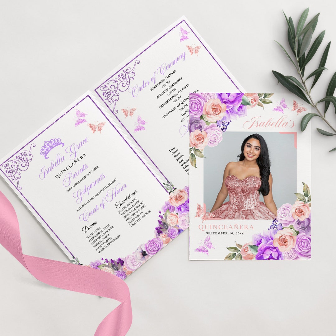 EDITABLE Program Template, Elegant Pink & Purple Floral Quinceanera ...