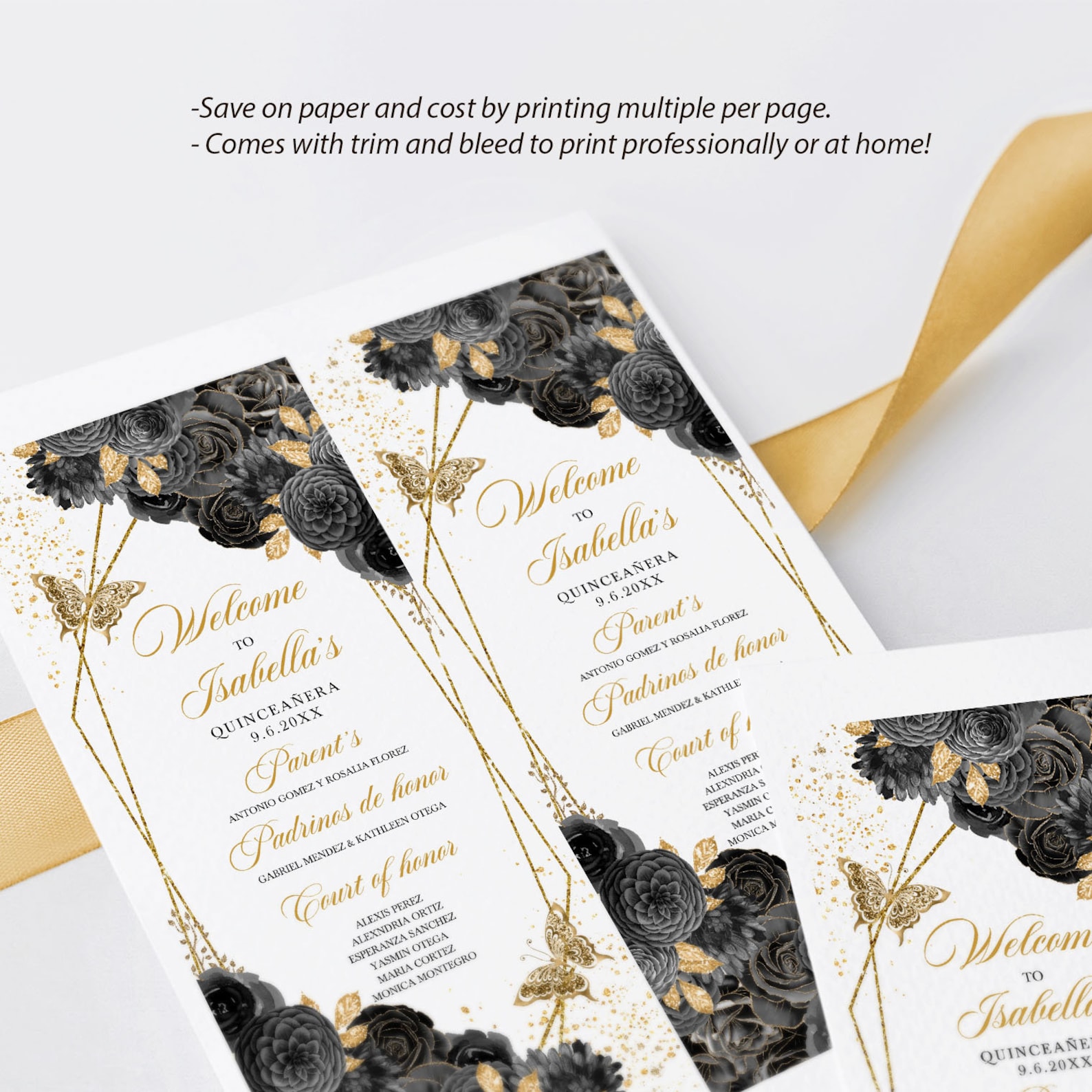 EDITABLE Program Template Elegant Black and Gold Floral - Etsy