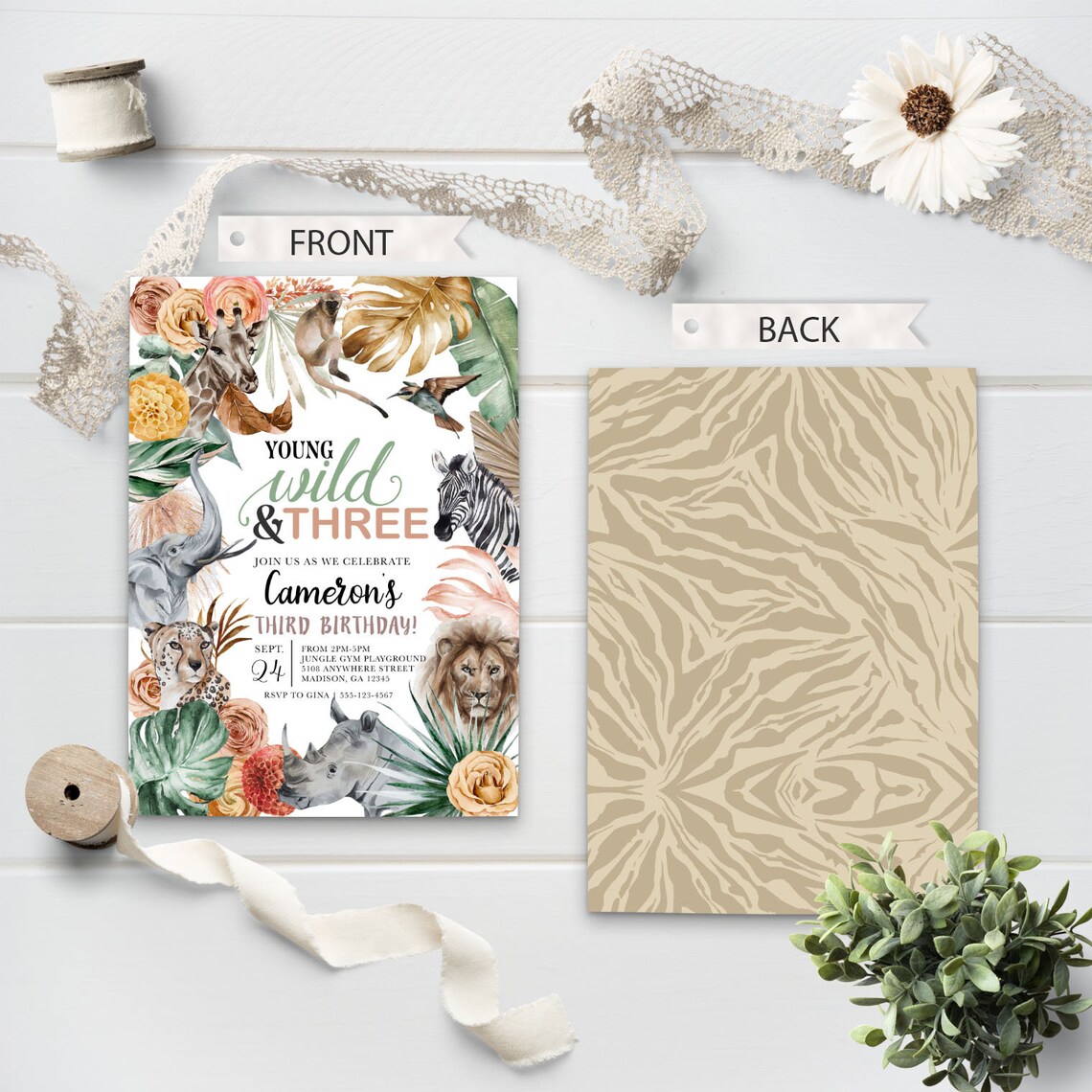 EDITABLE Invitation Boho Jungle Safari Young Wild and Three | Etsy