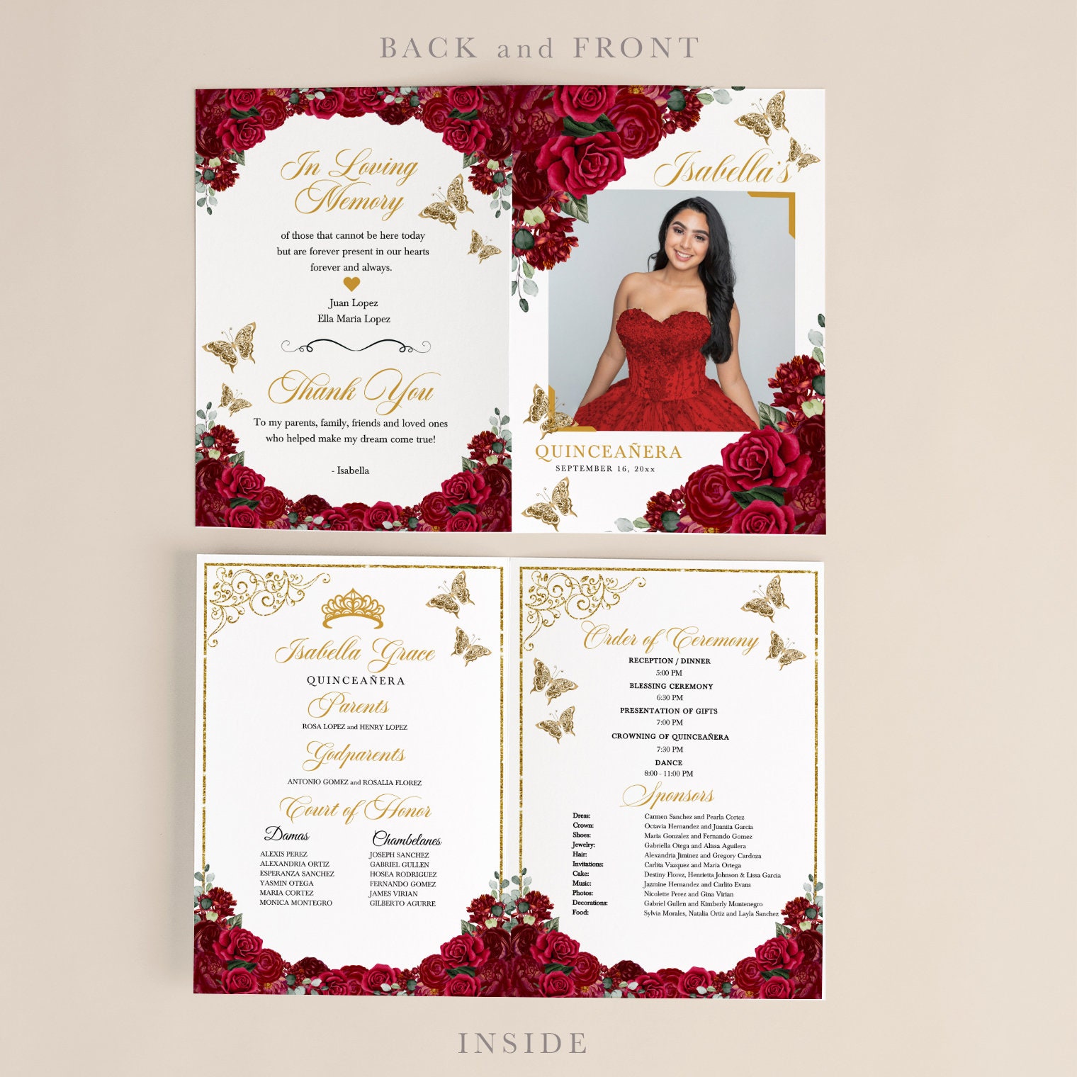 Red & Gold Floral Quinceanera Program Template (5x7 Bi-fold, Editable ...