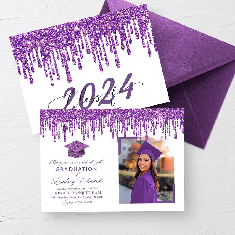 Purple Glitter Drip Graduation Photo Invitation Template (editable ...