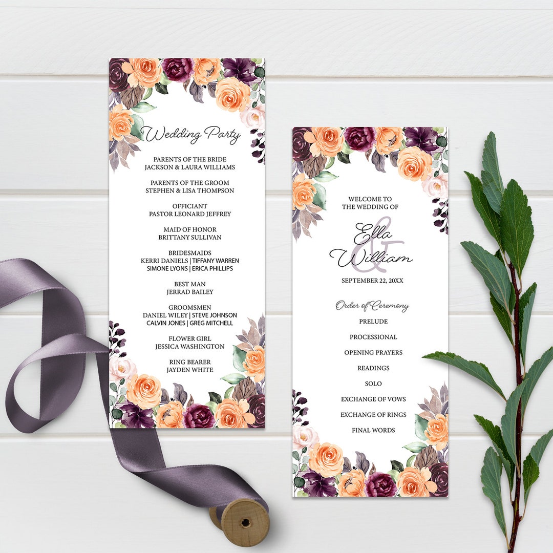 Peach Purple Floral Wedding Program Template (EDITABLE) - Etsy