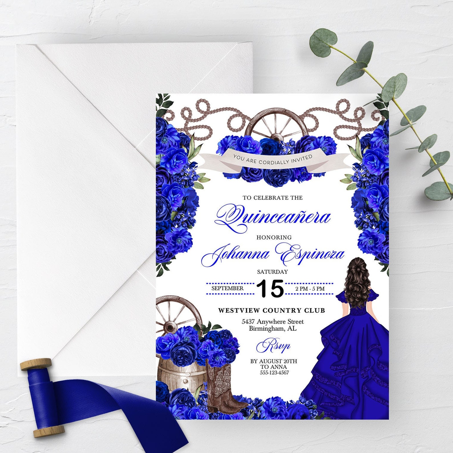 EDITABLE Invitation Royal Blue Western Ranchero Quinceanera - Etsy