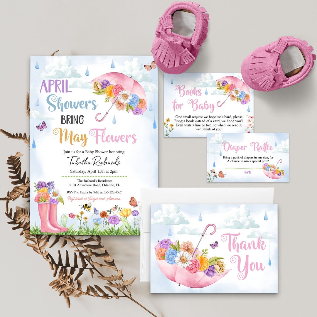 April Showers Baby Shower Invitation Bundle: Pink Umbrella, Rain Boots ...