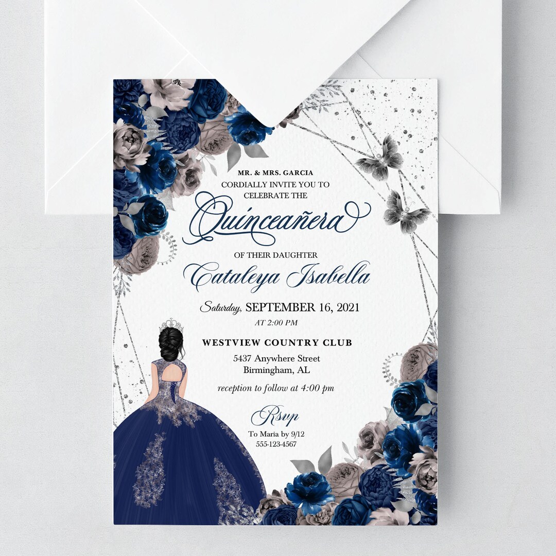 EDITABLE Invitation, Navy Blue & Silver Floral Quinceanera Invitation ...