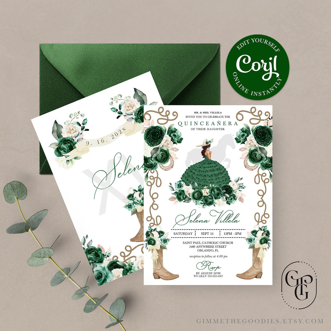 Green Western Mariachi Charro Cowgirl Quinceanera Invitation, Fiesta ...
