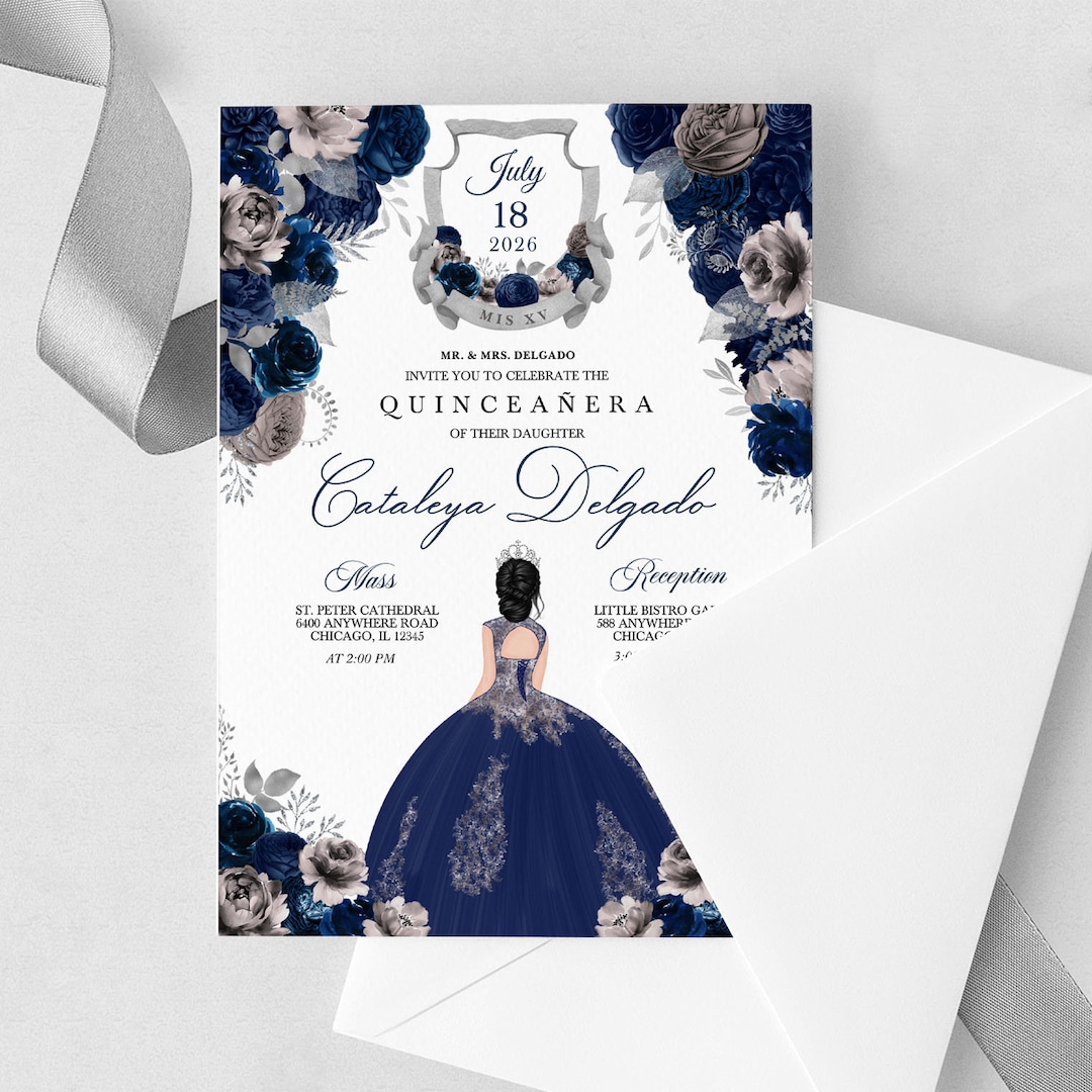 EDITABLE Invitation Navy Blue & Silver Floral Quinceanera - Etsy