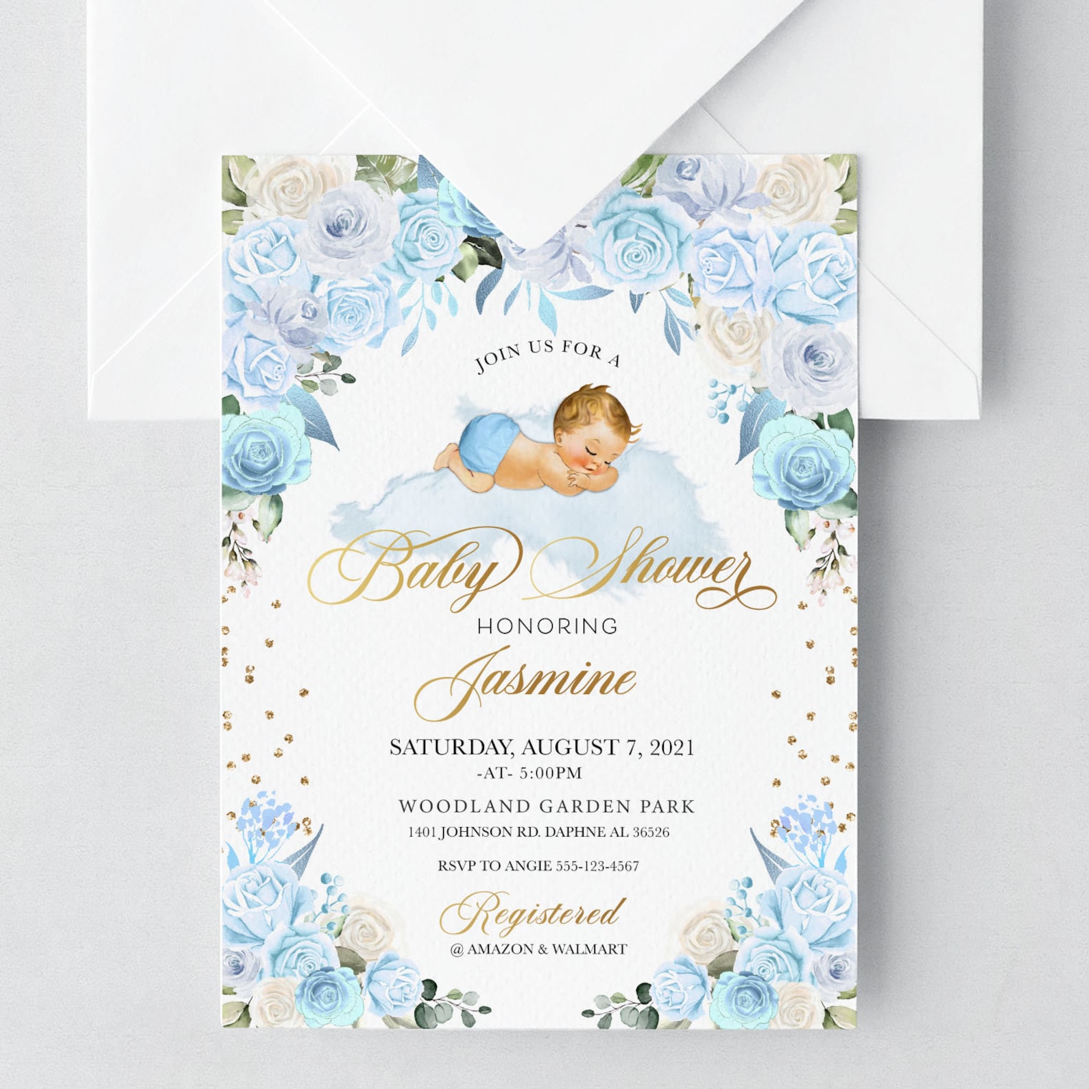 EDITABLE Invitation Cute Blue Floral Sleeping Baby Boy Baby - Etsy
