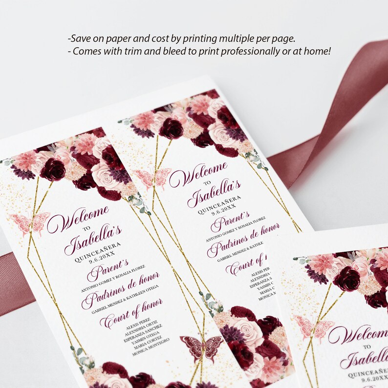 EDITABLE Program Template Elegant Burgundy & Pink Floral - Etsy
