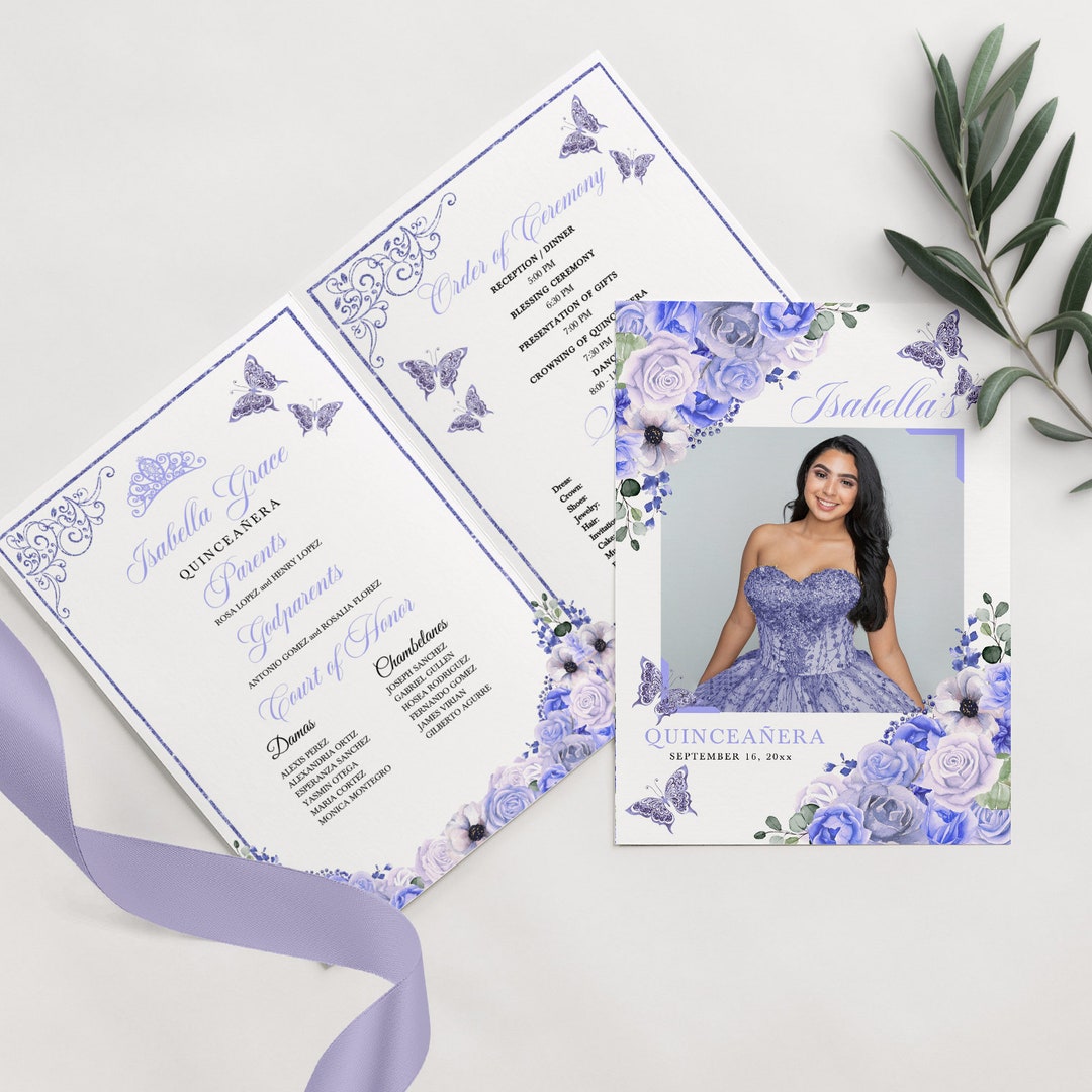 EDITABLE Program Template, Elegant Periwinkle Floral Quinceanera ...
