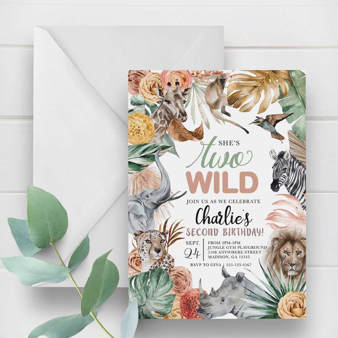 Boho Jungle Safari Birthday Invitation: Two Wild Animals (EDITABLE ...