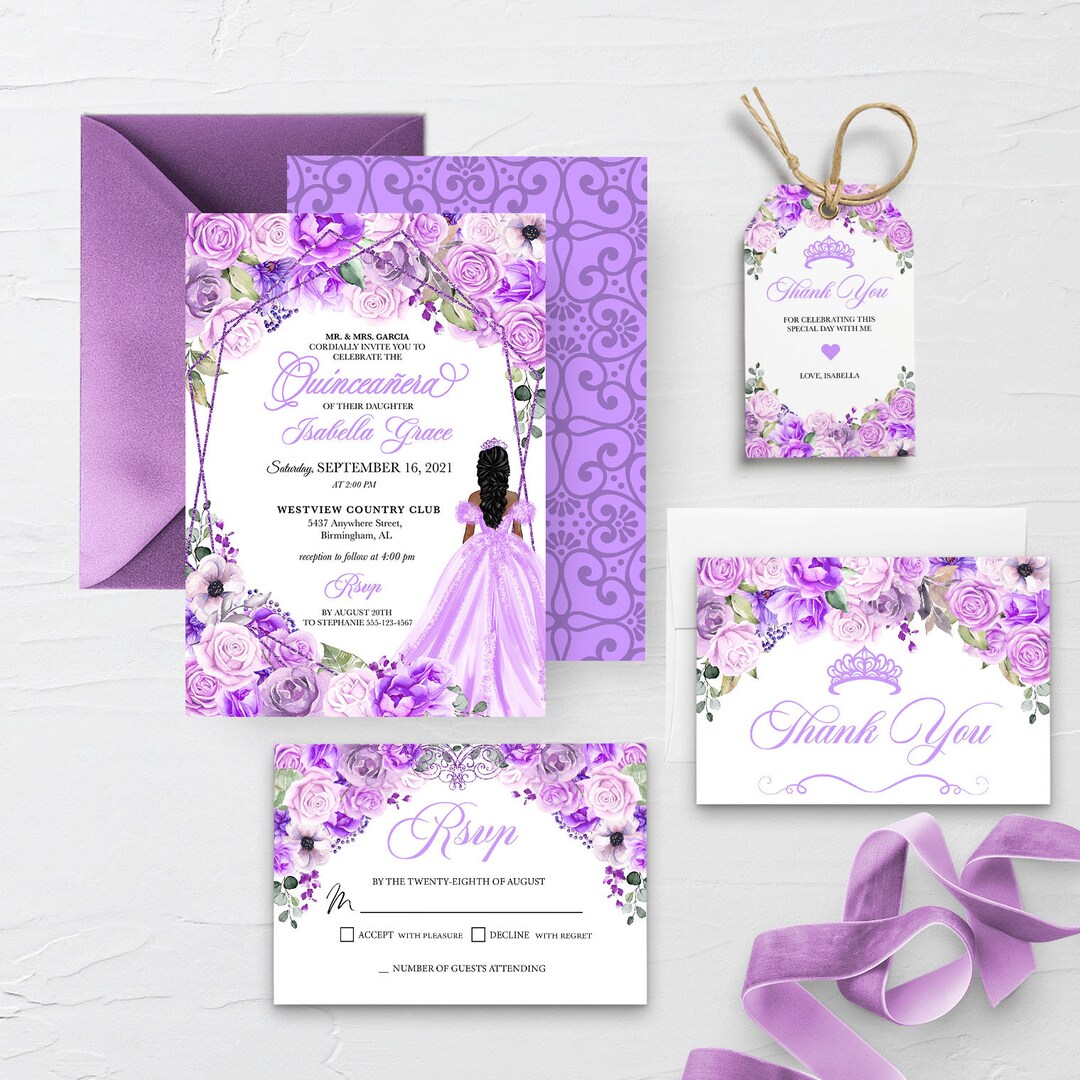 EDITABLE Invitation, Lilac Purple Floral Quinceanera Invitation Bundle ...
