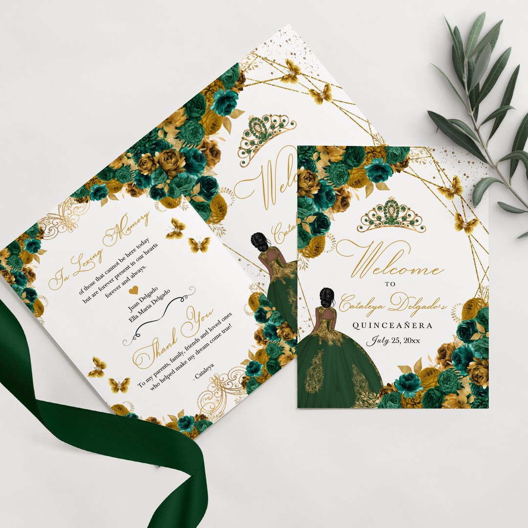 EDITABLE Program Template, Emerald Green & Gold Floral Quinceanera ...