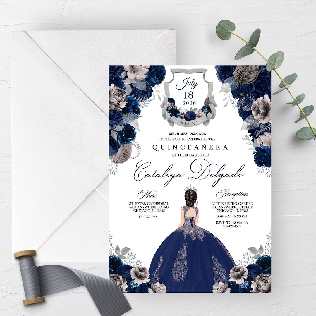 Navy Blue Floral Quinceanera Invitation Template (editable, Printable ...