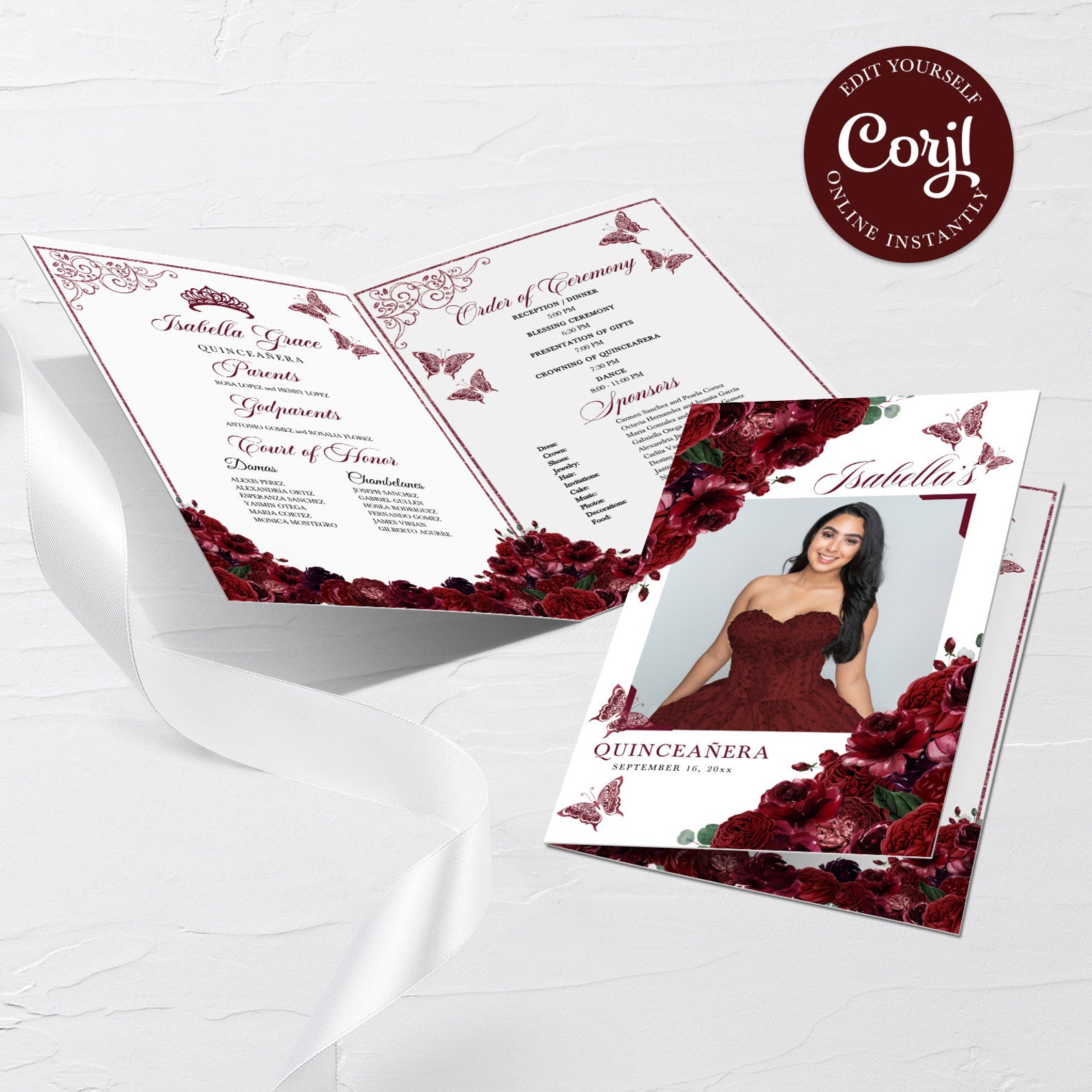 EDITABLE Program Template Elegant Burgundy Floral Quinceanera - Etsy