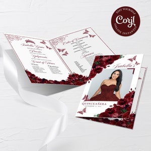 EDITABLE Program Template, Elegant Burgundy Floral Quinceanera Program ...