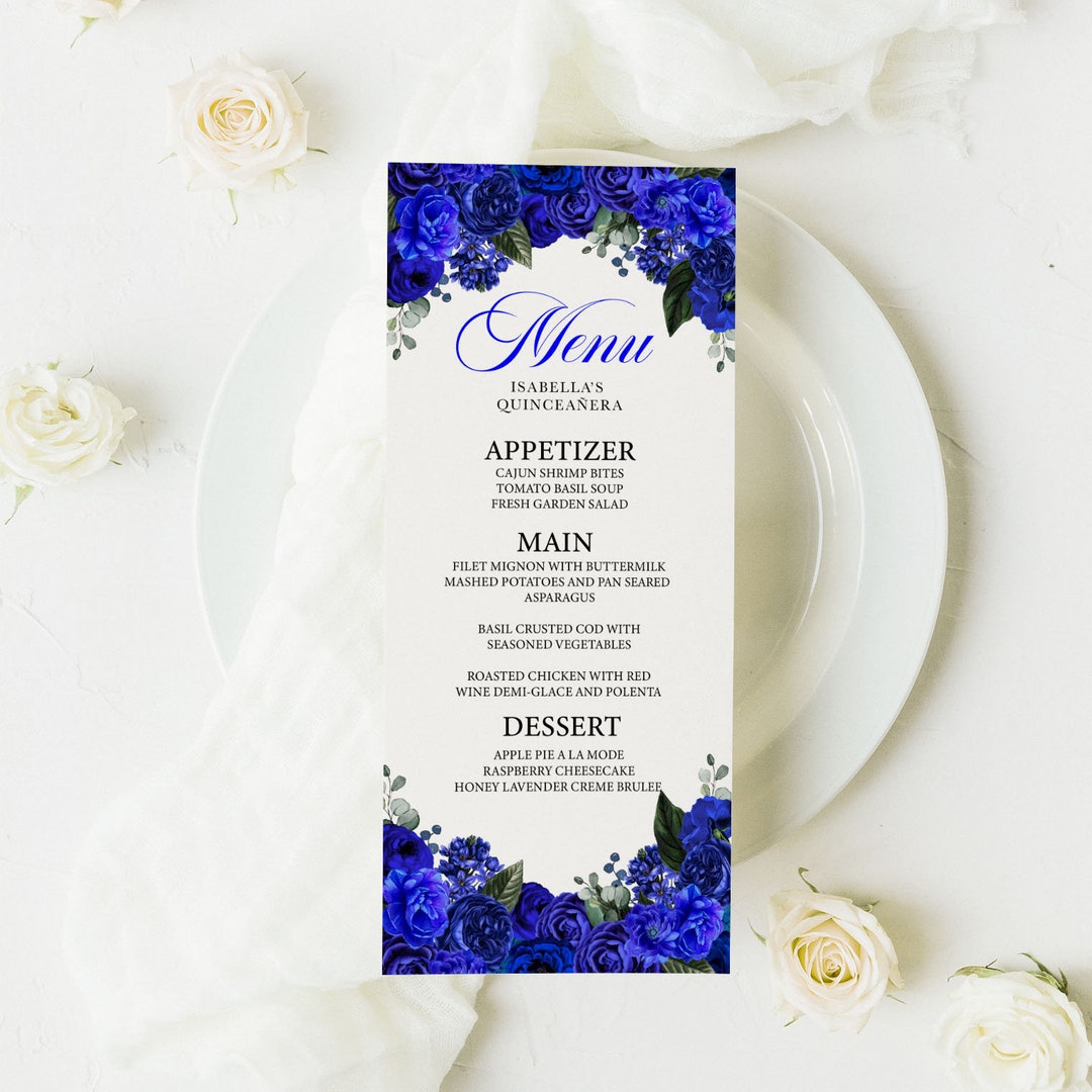 Royal Blue Floral Quinceanera Menu Template (editable Corjl) - Etsy