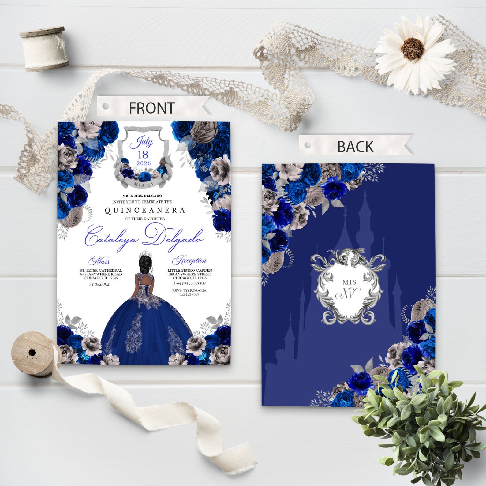 EDITABLE Invitation Royal Blue & Silver Floral Quinceanera - Etsy